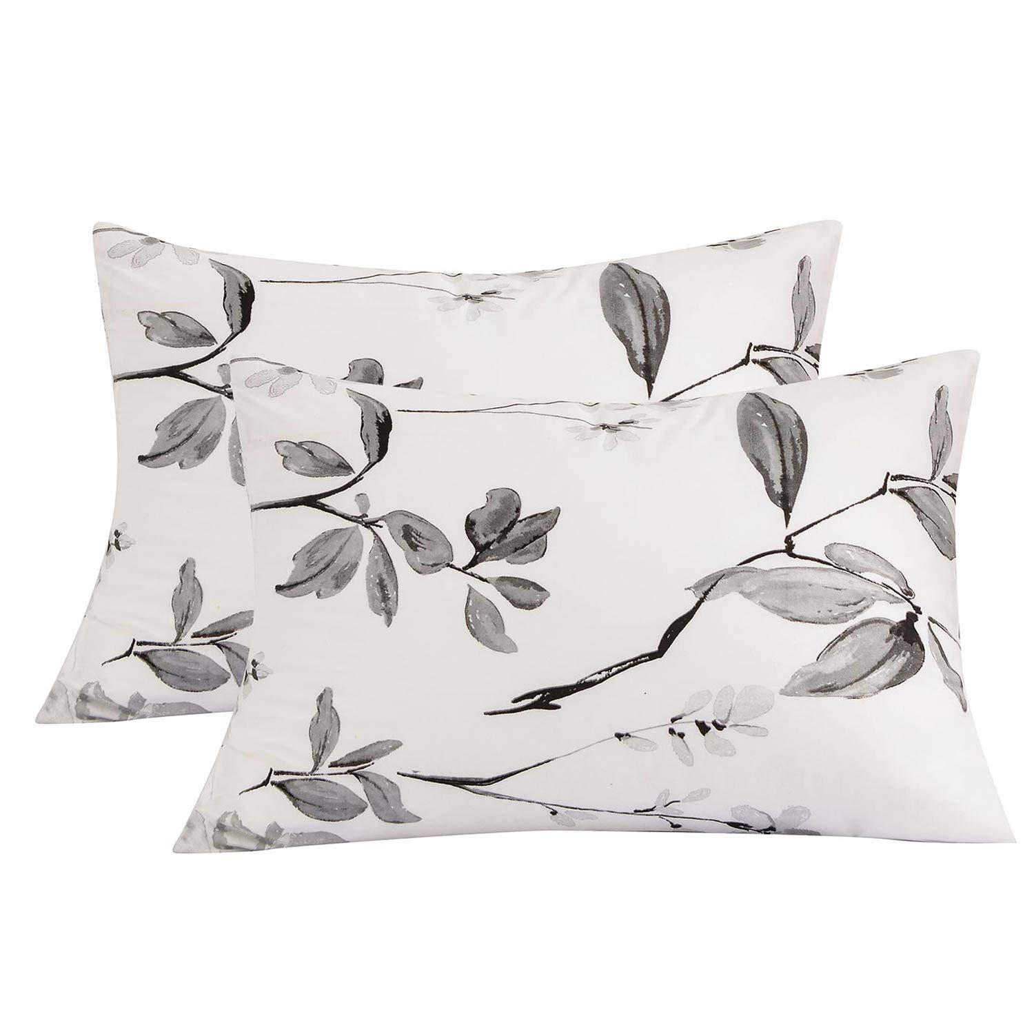 NANKO Queen Pillow Case Set (2 Pack), White Floral Printed Pattern Pillowcases/Pillow Shams for Modern Duvet Cover/Bed Sheets Set- 20x30 inch Standard, Grey Flower Leaf