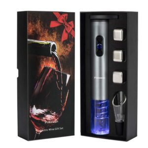 wine opener electric gift set, whiskey stone wine lover gifts with wine accessories of automatic corkscrew, metal ice cube, wine pourer, foil cutter 4-in-1 set