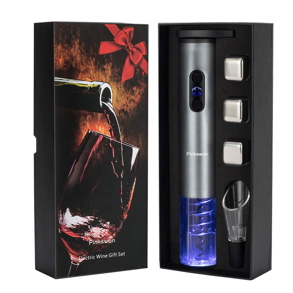 Wine Opener Electric Gift Set, Whiskey Stone Wine Lover Gifts with Wine Accessories of Automatic Corkscrew, Metal Ice Cube, Wine Pourer, Foil Cutter 4-in-1 set