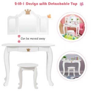 Costzon Kids Vanity Table and Chair Set, Princess Makeup Dressing Table with Drawer & Tri-Folding Mirror, 2 in 1 Vanity Set with Detachable Top, Pretend Beauty Play Vanity Set for Girls (White)