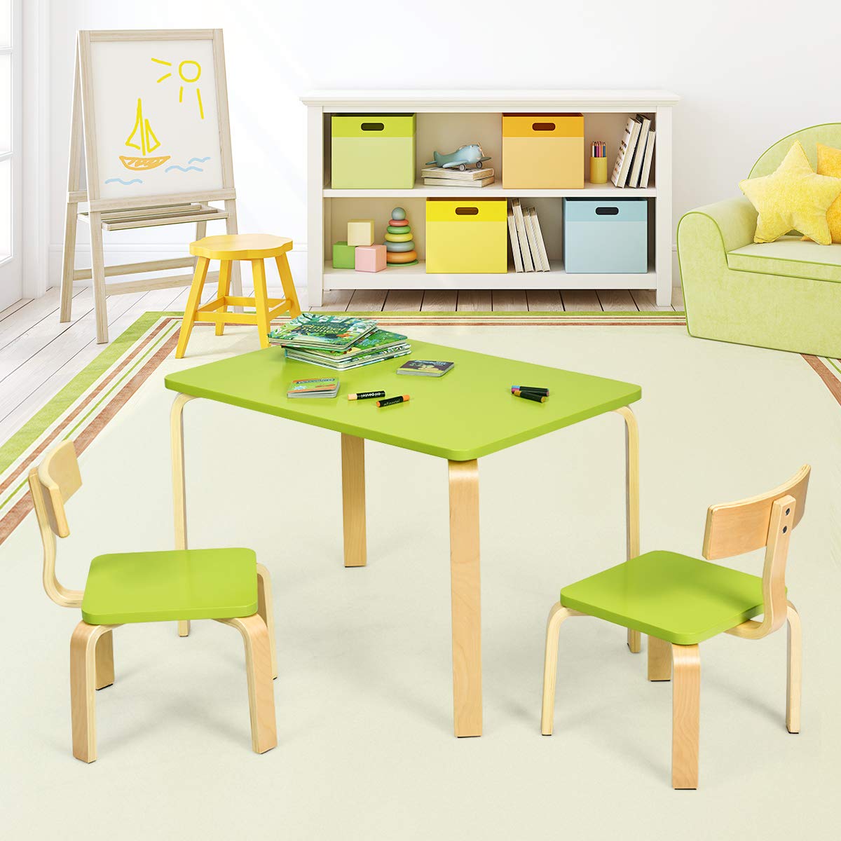 Costzon Kids Table and Chair Set, Wood Table and Chairs for Toddlers Reading, Arts, Crafts, Homework, Snack Time, 3 Piece Furniture for Playroom Home School Classroom, Childrens Table and Chair, Green