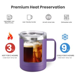 MEWAY 12oz Coffee Mug With Handle and Sliding Lid,Stainless Steel Travel Tumbler Cup with Handle,Double Wall Vacuum Insulated Camping Cup for Hot & Cold Drinks Tea (Purple,Set of 1)