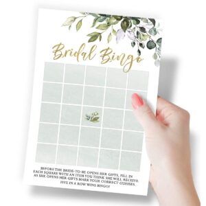 Printed Party Bridal Shower Game Set – 5 Fun Games and Activities for 50 Guests, Includes Bingo, Trivia, and Advice Cards, Botanical Eucalyptus Wedding Shower Games