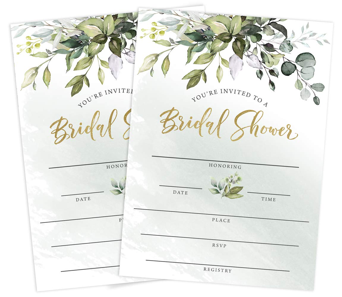 Printed Party Bridal Shower Invitations and Envelopes, Greenery, Set of 25