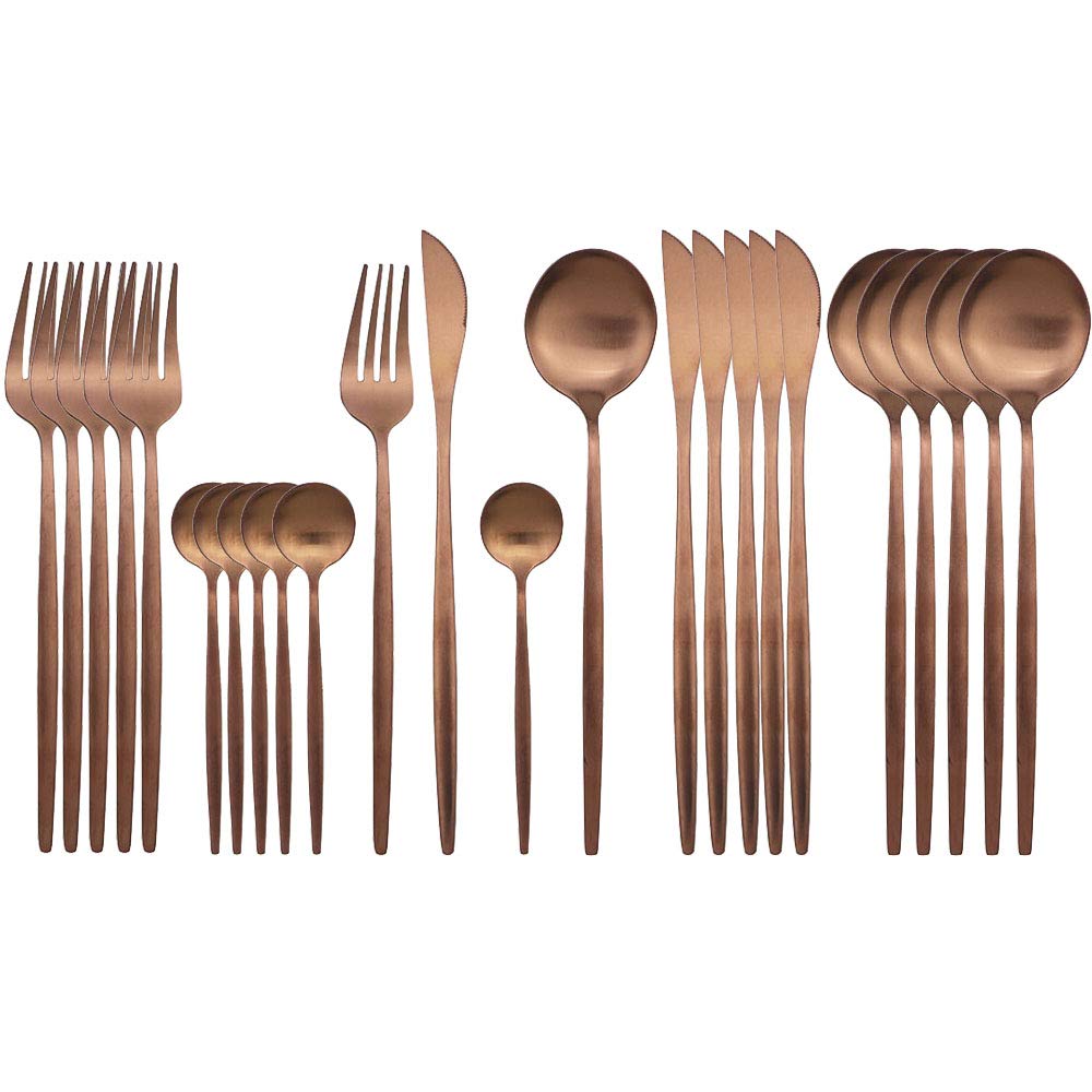 JASHII Rose Gold Silverware Set, 24 Pieces Stainless Steel Copper Flatware Set Cutlery Sets, Include Knife Fork Spoon Teaspoon, Service for 6 (Matte Rose Gold)