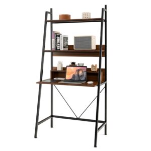 tangkula 3-tier ladder computer desk, 71 inch modern writing desk with storage shelves, pc laptop workstation, ladder bookcase stand shelf with metal frame, study shelf desk for home office (brown)