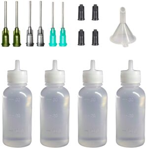 habeuniversal blunt needle tip applicator bottle set - 30ml squeezable bottles, storage caps, 14ga 16ga 18ga needle tips and mini funnel