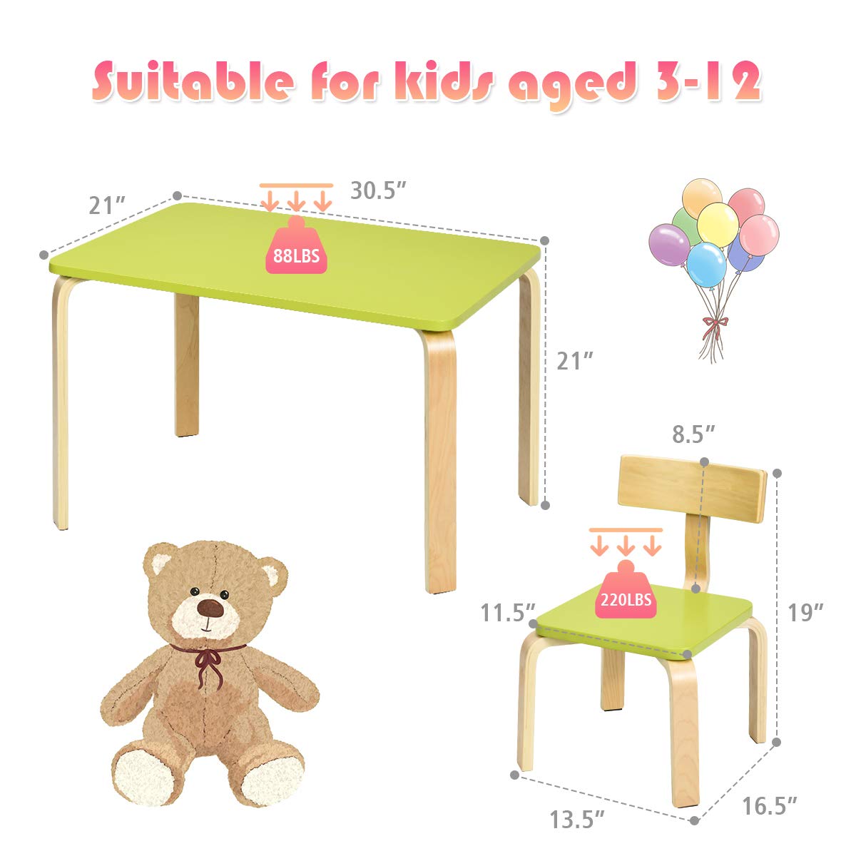 Costzon Kids Table and Chair Set, Wood Table and Chairs for Toddlers Reading, Arts, Crafts, Homework, Snack Time, 3 Piece Furniture for Playroom Home School Classroom, Childrens Table and Chair, Green