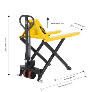 Xilin Manual Pallet Jack High Lift Truck Hand Scissor Pallet Truck 45" Lx27“W 2200lbs Capacity 3.3" Lowered 31.5 Lift Height Suitable for Open Bottom Pallets, JF685