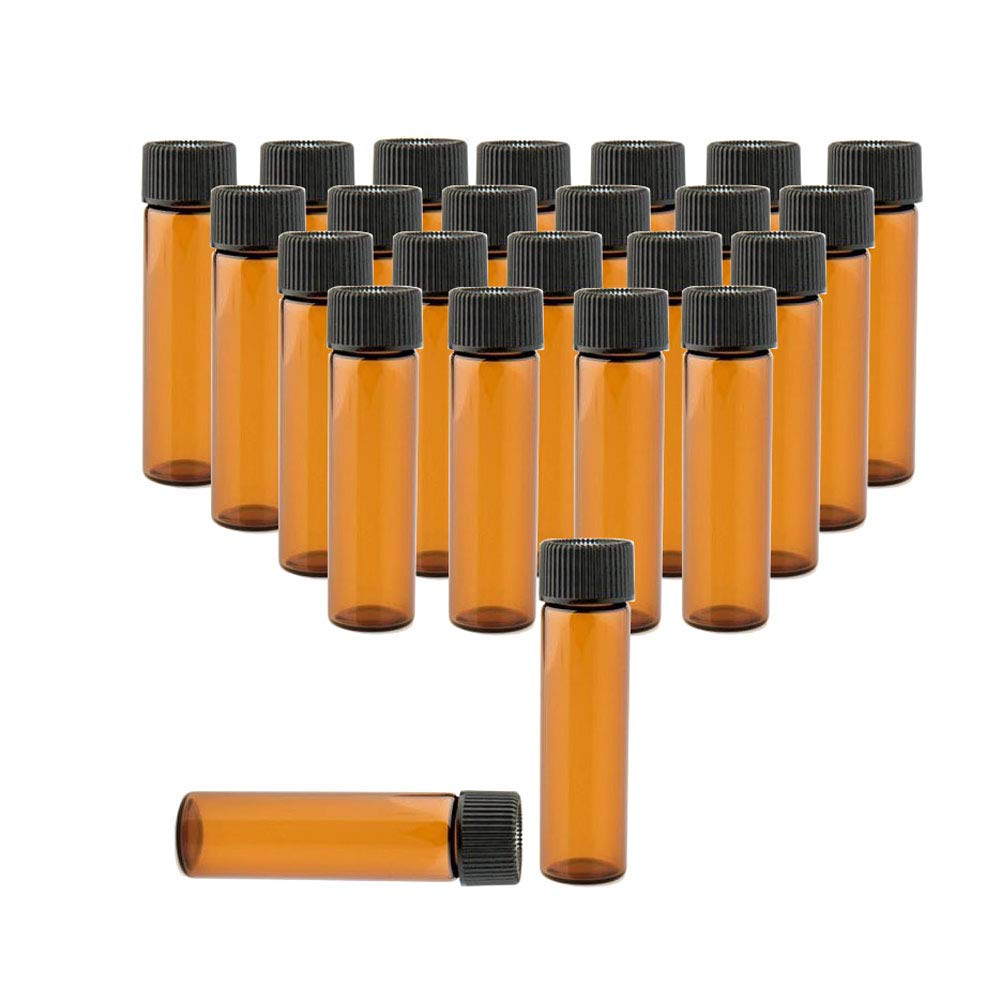 24PCS Empty Mini Amber Glass Essential Oil Bottles with Black Screw Cap and Orifice Reducer Sample Trial Packing Perfumes Lab Chemicals Cosmetic Containers Makeup Vials Travel Set(5ML/0.17OZ)