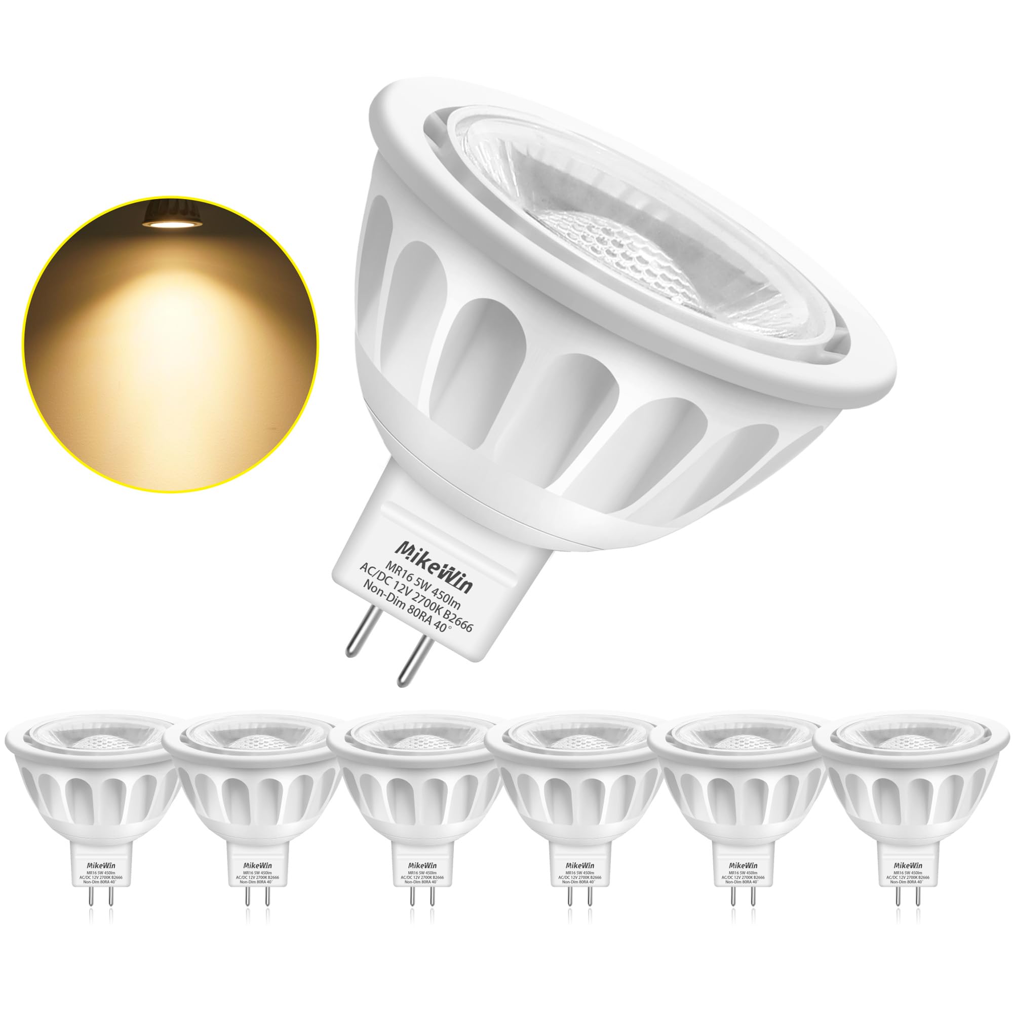 MikeWin MR16 LED Bulb 6Pack,5W 12V, GU5.3 Bi-Pin Base,50-Watt Equivalent,2700K Warm White,Non-Dimmable MR16 LED Spot Light Bulbs for Indoor Outdoor Landscape Track Lighting