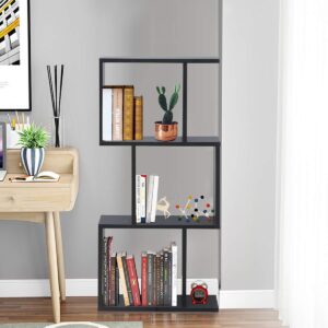 Giantex 3-Tier Bookshelf S Shaped Bookcase, Free Standing Industrial Storage Rack, Multifunctional Display Decor Furniture for Living Room Bedroom Office, 3 Shelf Bookcase (Black, 1)