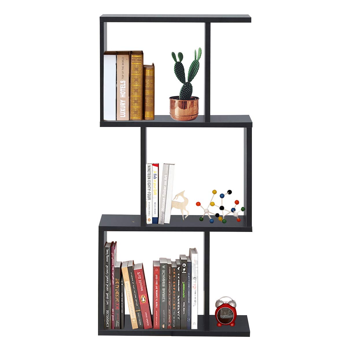 Giantex 3-Tier Bookshelf S Shaped Bookcase, Free Standing Industrial Storage Rack, Multifunctional Display Decor Furniture for Living Room Bedroom Office, 3 Shelf Bookcase (Black, 1)