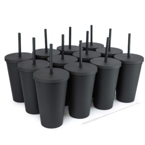 strata cups classsic black tumblers with lids (12 pack) - 16oz colored acrylic cups with lids and straws | double wall matte plastic bulk tumblers with free straw cleaner! customizable diy gifts