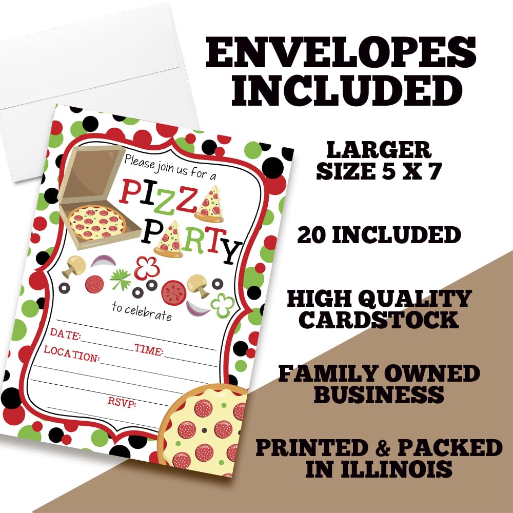 Pizza Party Themed Birthday Party Invitations for Kids, 20 5x7 Fill In Cards with Twenty White Envelopes by AmandaCreation