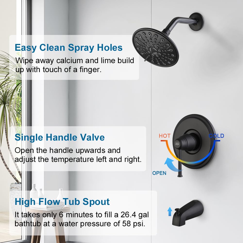 POP SANITARYWARE Shower Faucet Set with Tub Spout Oil-Rubbed Bronze, Tub and Shower Trim Kit with 6 Inch Shower Head, Bathroom Single Handle Tub and Shower System, Rough-in Valve Included