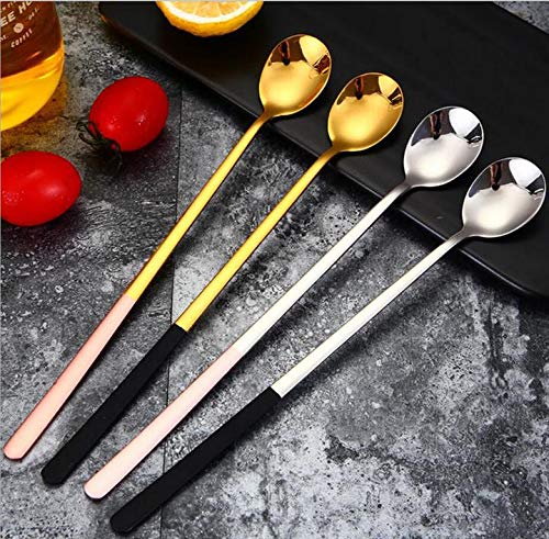 MBBITL 6-Pack Pink Silver 9" Ice Coffee Spoon Iced Teaspoon for Mixing Cocktail Stirring Tea Milkshake Cold Drink Stainless Steel