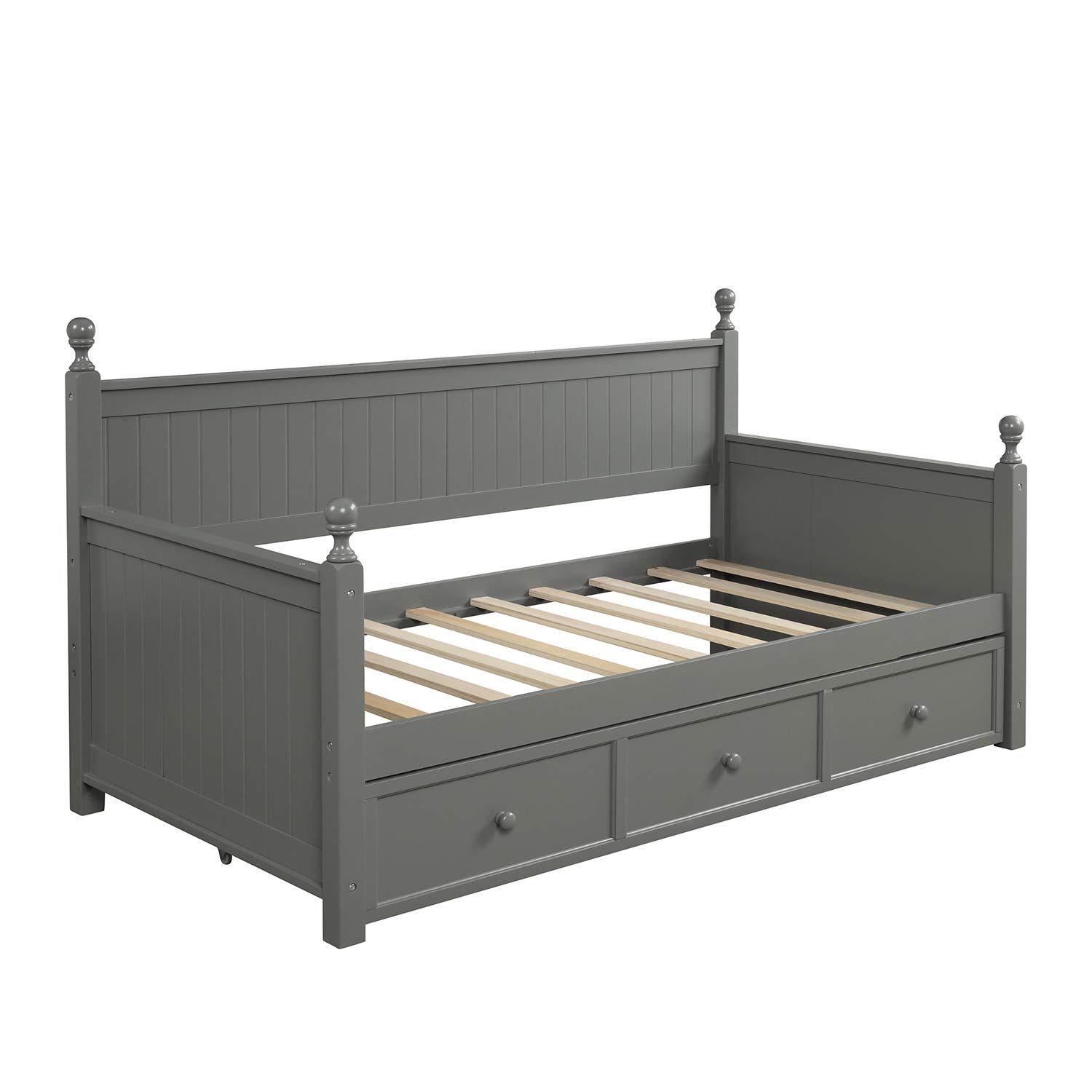 Wood Daybed with 3 Drawers, Solid Wood Daybed Twin Size Bed Frame for Kids/Adults, No Box Spring Needed, Gray