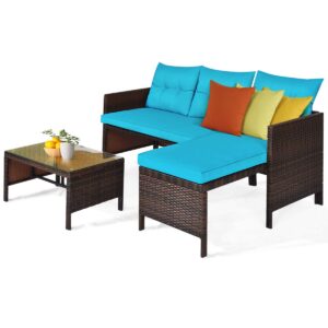 Tangkula Patio Corner Sofa Set 3 Piece, Outdoor Rattan Sofa Set, Includes Lounge Chaise, Loveseat & Coffee Table, Patio Garden Poolside Lawn Backyard Furniture