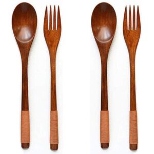 xmhf wooden spoons forks set kitchen tableware dinnerware flatware natural wood cutlery wooden dinner utensil set, 2 spoons and 2 forks brown tied line