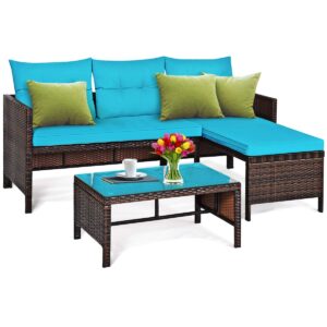 tangkula patio corner sofa set 3 piece, outdoor rattan sofa set, includes lounge chaise, loveseat & coffee table, patio garden poolside lawn backyard furniture