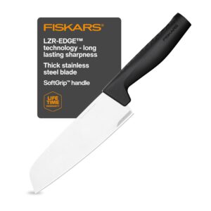 fiskars 6.3" santoku knife, kitchen knife for chopping, dicing, and mincing with japanese stainless steel hard edge blade, dishwasher safe