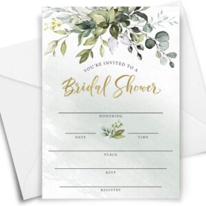 Printed Party Bridal Shower Invitations and Envelopes, Greenery, Set of 25