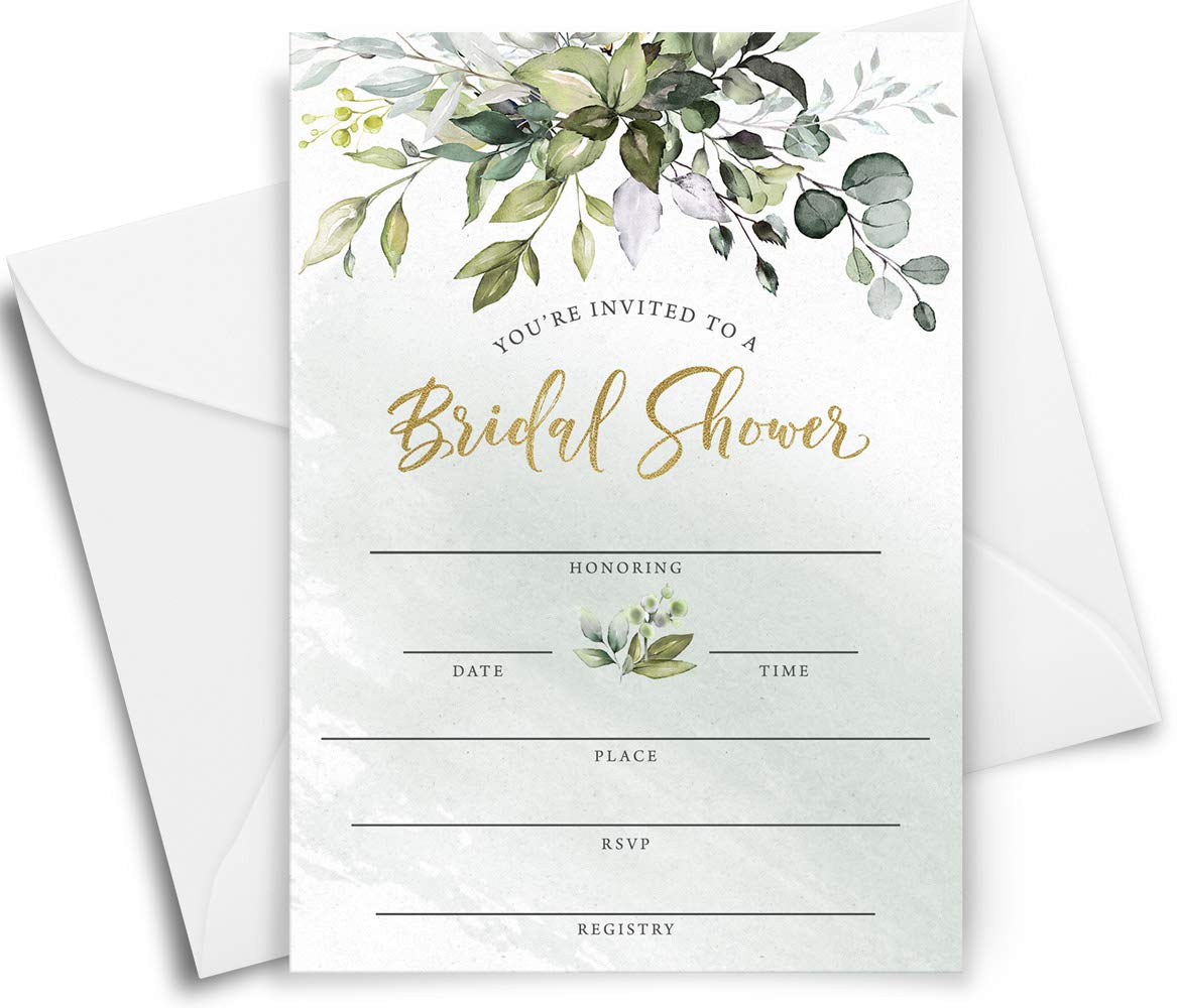 Printed Party Bridal Shower Invitations and Envelopes, Greenery, Set of 25