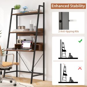 Tangkula 3-Tier Ladder Computer Desk, 71 Inch Modern Writing Desk with Storage Shelves, PC Laptop Workstation, Ladder Bookcase Stand Shelf with Metal Frame, Study Shelf Desk for Home Office (Brown)