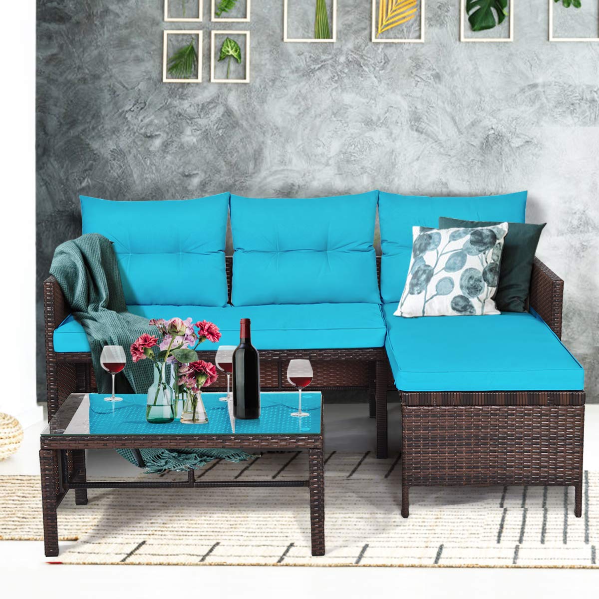 Tangkula Patio Corner Sofa Set 3 Piece, Outdoor Rattan Sofa Set, Includes Lounge Chaise, Loveseat & Coffee Table, Patio Garden Poolside Lawn Backyard Furniture