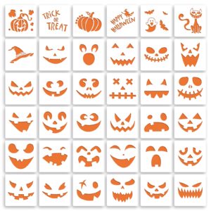 36 pieces halloween drawing stencils, 6 inch plastic reusable pumpkin faces painting stencil for diy pumpkin carving, wood, walls art and halloween decoration