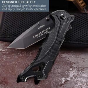 Folding Pocket Knife, G10 Handle Multifunction Rescue Folding Knife, with Glass Breaker, Bottle Opener and Simple whistle for Outdoor Survival (Black) (Black)