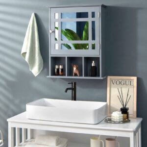 Tangkula Wall-Mounted Bathroom Cabinet, 2-in-1 Storage Organizer with Mirror Door, Wall-Mounted Medicine Cabinet with Adjustable Shelf & 3 Open Compartments for Bathroom, Living Room, Entryway