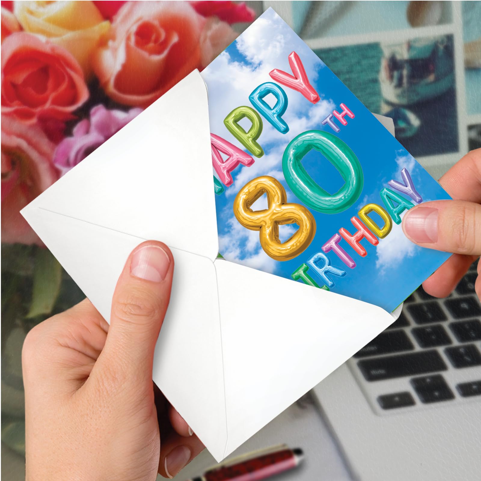 The Best Card Company - 80th Happy Birthday Notecard with Envelope - Fun 80 Year Milestone, Congrats Bday Card - Inflated Messages 80 (Not Actual Balloons) C5651FMBG