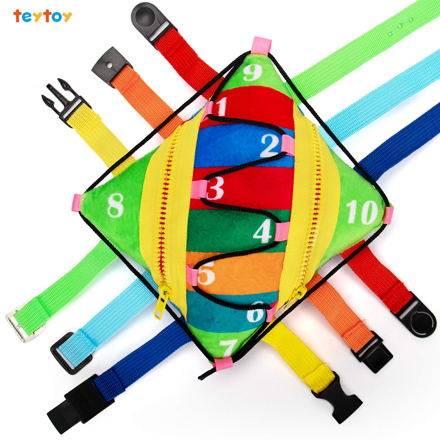 teytoy Sensory Buckle Pillow Toys for Toddlers,Travel Toys for Toddlers 1-3 Learning Fine Motor Skill & Problem Solving,Montessori Sensory Fidgets for Kids Threading Counting Zipper-12 Basic Skill