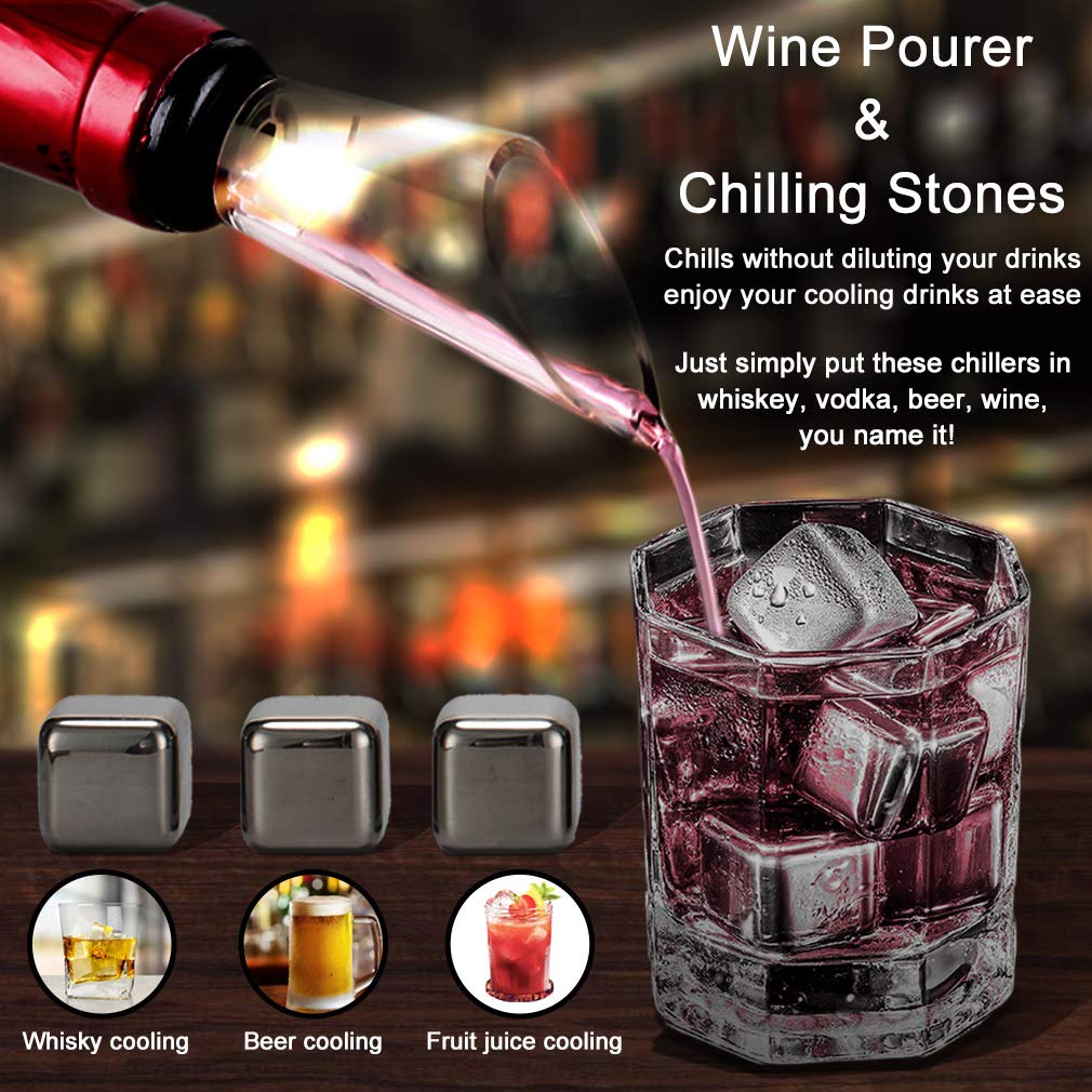 Wine Opener Electric Gift Set, Whiskey Stone Wine Lover Gifts with Wine Accessories of Automatic Corkscrew, Metal Ice Cube, Wine Pourer, Foil Cutter 4-in-1 set