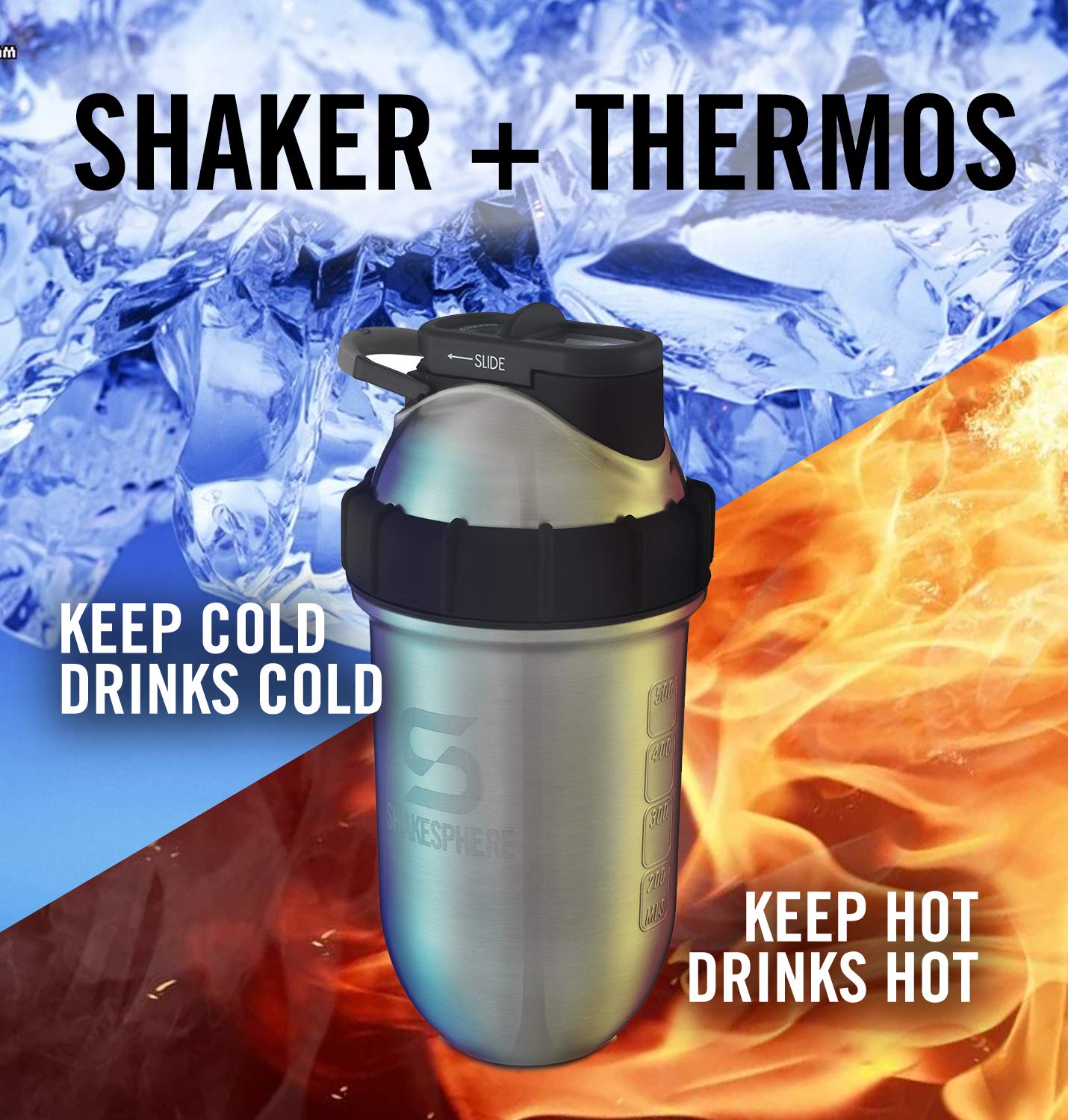 SHAKESPHERE Steel Protein Shaker Bottle - Insulated, BPA-Free, 24oz - Leak-Proof, Easy to Clean, No Mixer Ball Needed - Keeps Drinks Hot & Cold - Ideal for Shakes & Smoothies (Steel)