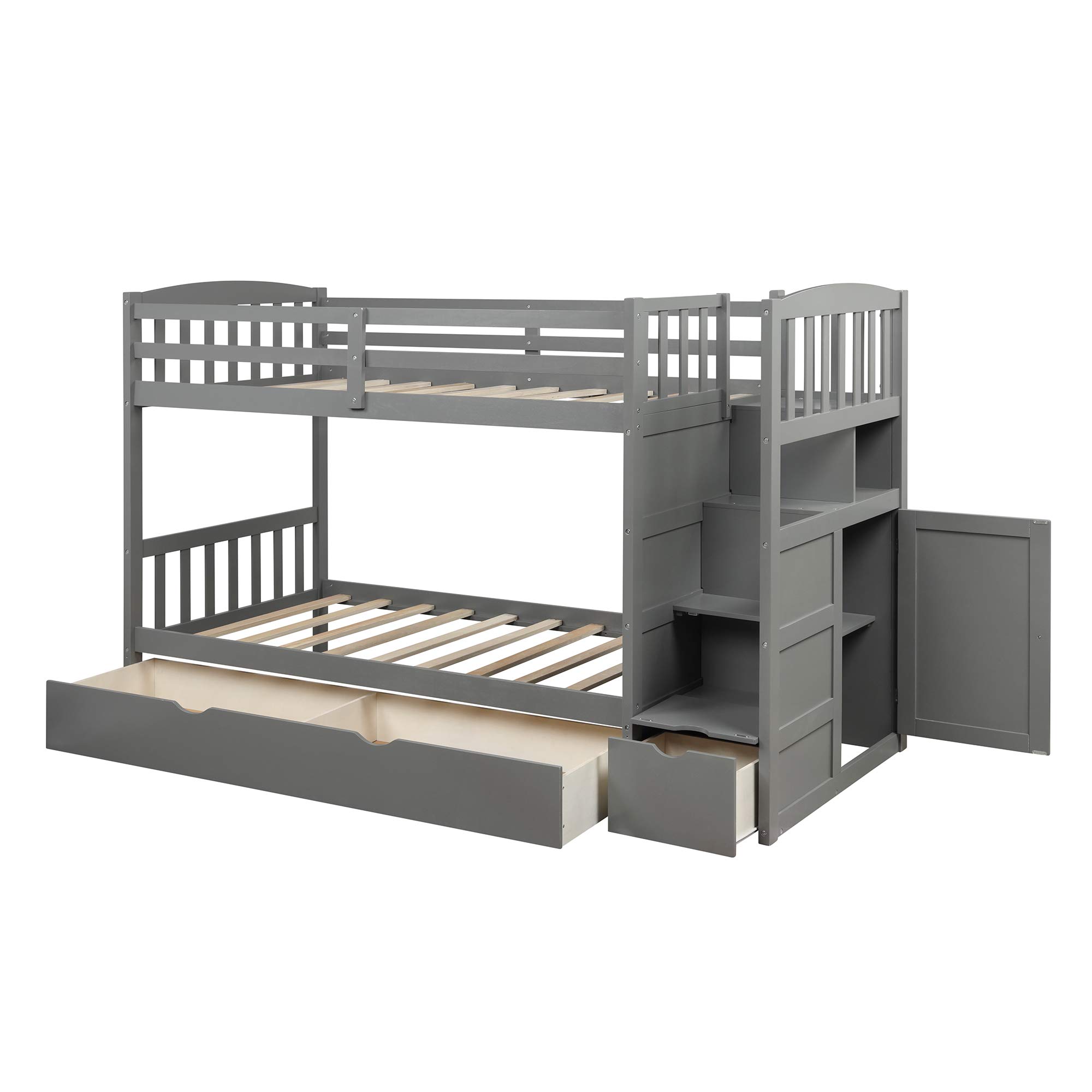 SOFTSEA Twin Over Twin/Full Bunk Bed with Staircase and Cabinet Wooden Bunk Bed Convertible into 2 Beds with Drawers for Kids