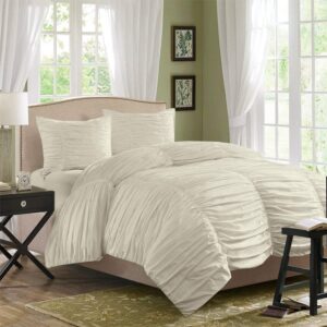 beddecor 3 piece ruched pattern duvet set with zipper & corner ties 100% egyptian cotton 500 thread count premium hotel quality decorative bedding (ivory,full/queen)