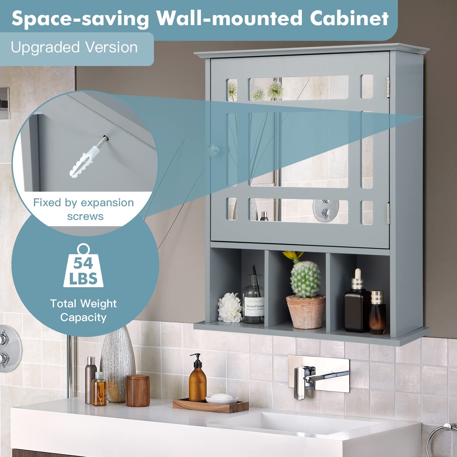 Tangkula Wall-Mounted Bathroom Cabinet, 2-in-1 Storage Organizer with Mirror Door, Wall-Mounted Medicine Cabinet with Adjustable Shelf & 3 Open Compartments for Bathroom, Living Room, Entryway