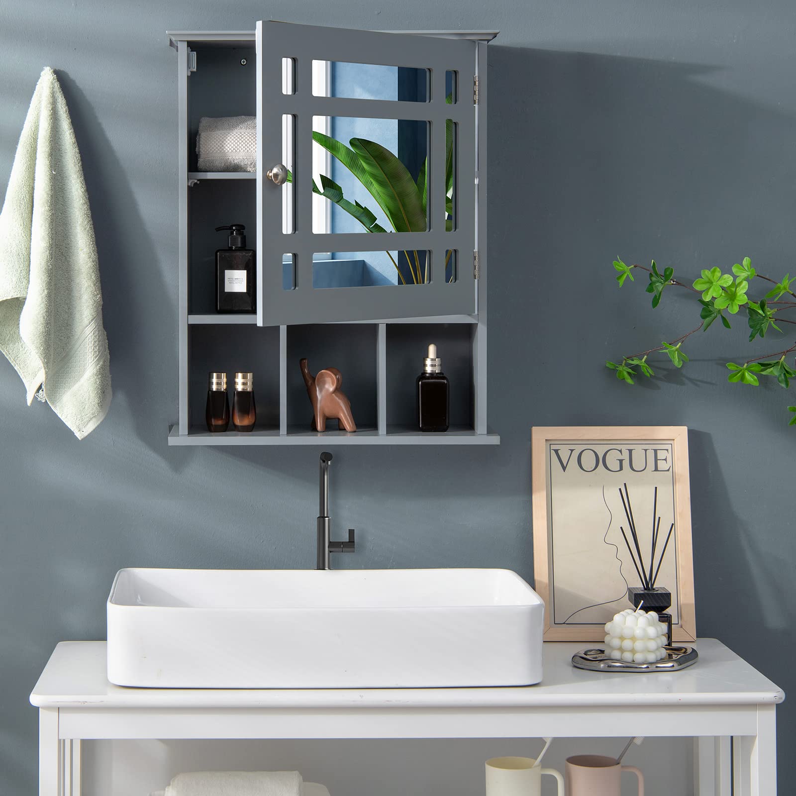 Tangkula Wall-Mounted Bathroom Cabinet, 2-in-1 Storage Organizer with Mirror Door, Wall-Mounted Medicine Cabinet with Adjustable Shelf & 3 Open Compartments for Bathroom, Living Room, Entryway