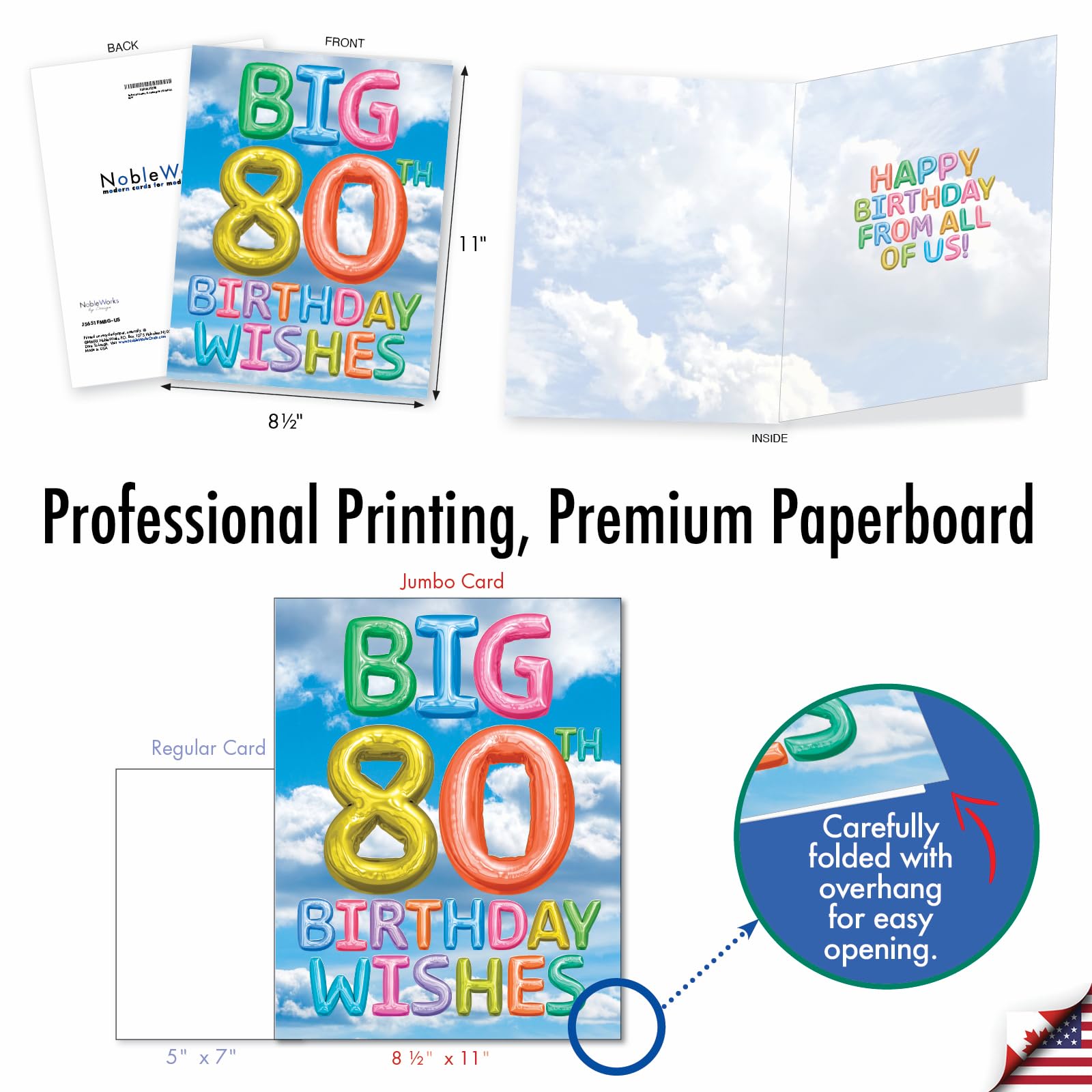 The Best Card Company - 80th Birthday Card w/Envelope (8.5 x 11 Inch) 80 Years Old, Big Stationery Bday Greeting from All of Us (Not Actual Balloons, 3D or Raised) - Inflated Messages J5651FMBG-US