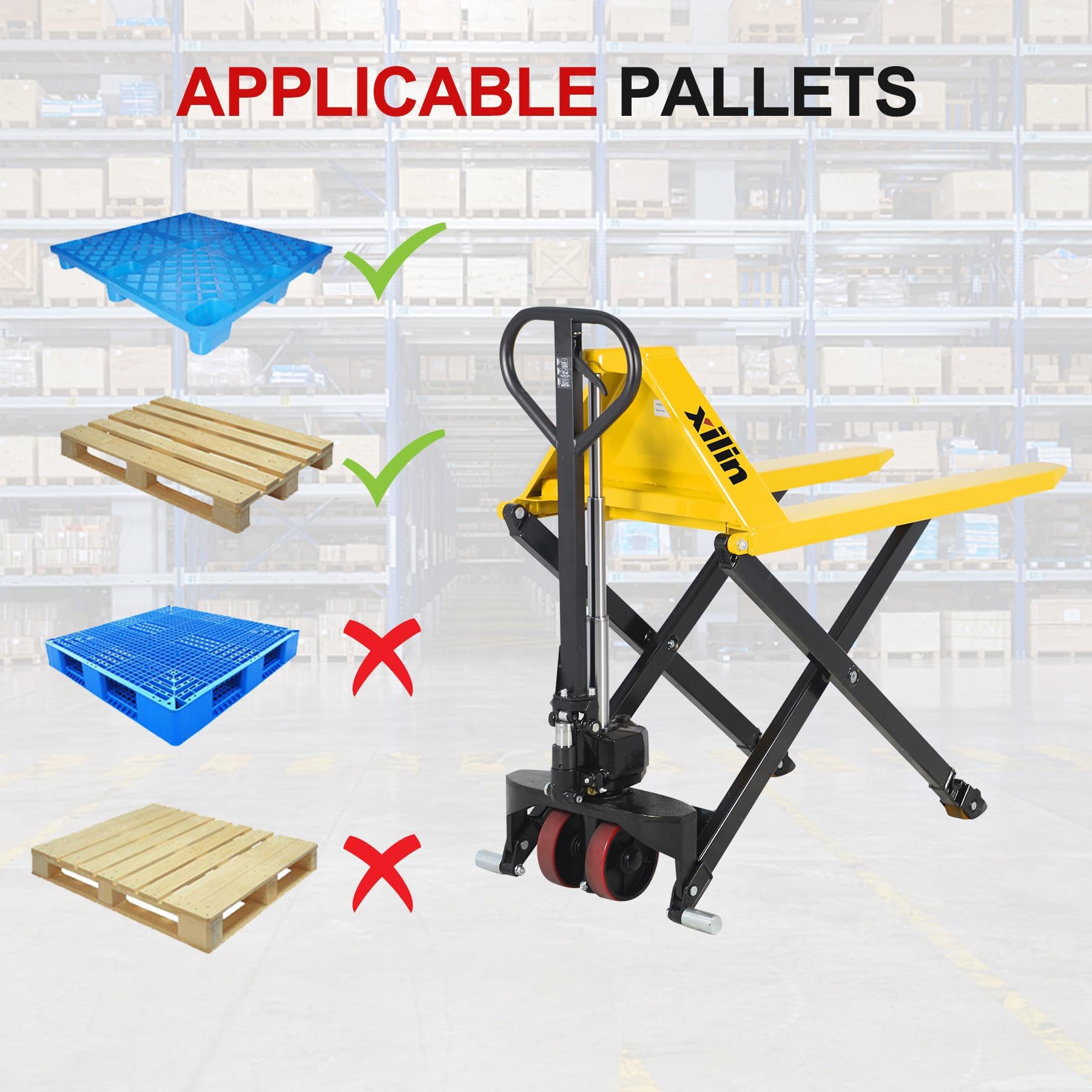 Xilin Manual Pallet Jack High Lift Truck Hand Scissor Pallet Truck 45" Lx27“W 2200lbs Capacity 3.3" Lowered 31.5 Lift Height Suitable for Open Bottom Pallets, JF685