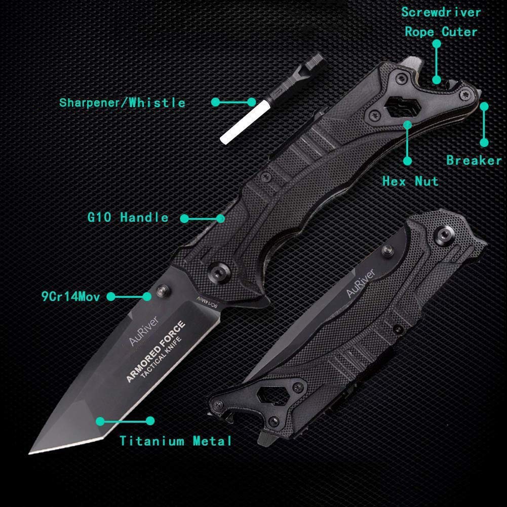 Folding Pocket Knife, G10 Handle Multifunction Rescue Folding Knife, with Glass Breaker, Bottle Opener and Simple whistle for Outdoor Survival (Black) (Black)