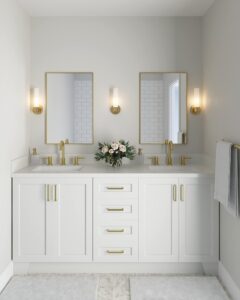 ariel 73" white double vanity, 1.5" edge pure white quartz countertop & splash, rectangular sink, 4 soft closing doors, 6 full extension dovetail drawers, toe kick, satin brass