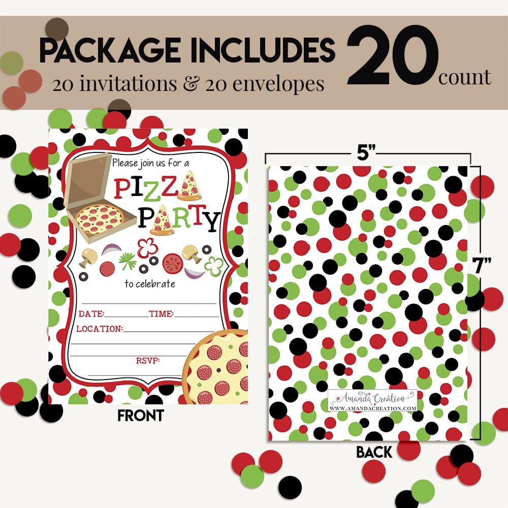 Pizza Party Themed Birthday Party Invitations for Kids, 20 5x7 Fill In Cards with Twenty White Envelopes by AmandaCreation