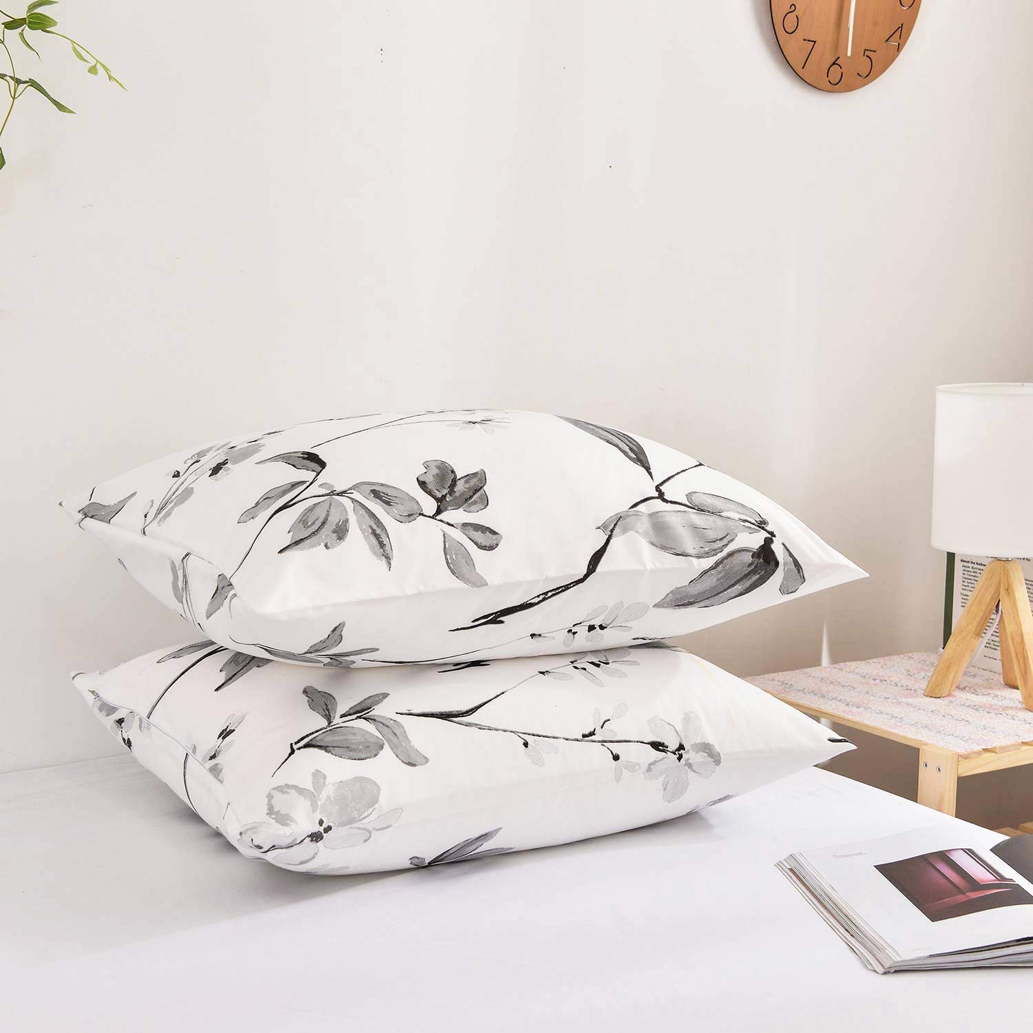 NANKO Queen Pillow Case Set (2 Pack), White Floral Printed Pattern Pillowcases/Pillow Shams for Modern Duvet Cover/Bed Sheets Set- 20x30 inch Standard, Grey Flower Leaf