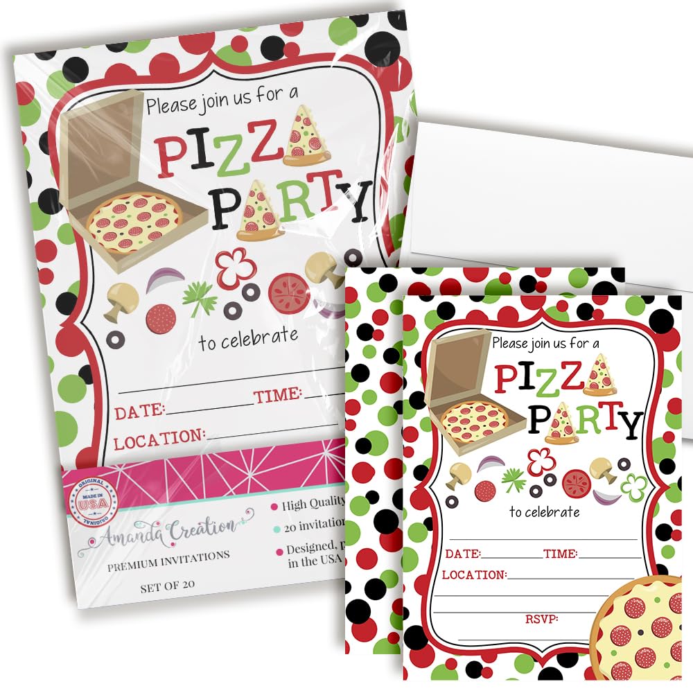 Pizza Party Themed Birthday Party Invitations for Kids, 20 5x7 Fill In Cards with Twenty White Envelopes by AmandaCreation