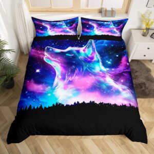 feelyou galaxy duvet cover wild wolf printed comforter cover northern light bedding set for kids adults starry sky aurora quilt cover soft room decor nature scenery quilt cover 2pcs twin size