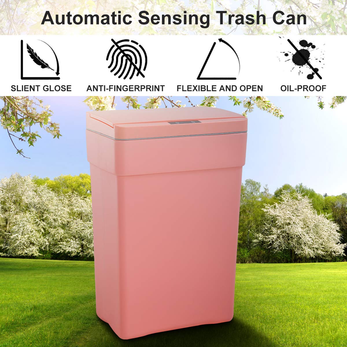 TTY Store 13 Gallon 50L Touchless Automatic Trash Can with Lid, Pink, Polypropylene